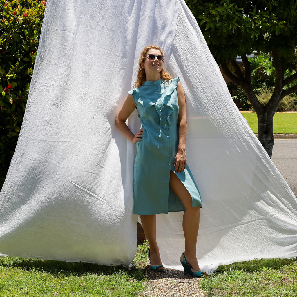 Frill Bellatrix Dress in Sky Blue Linen – OSSOM AUSTRALIA
